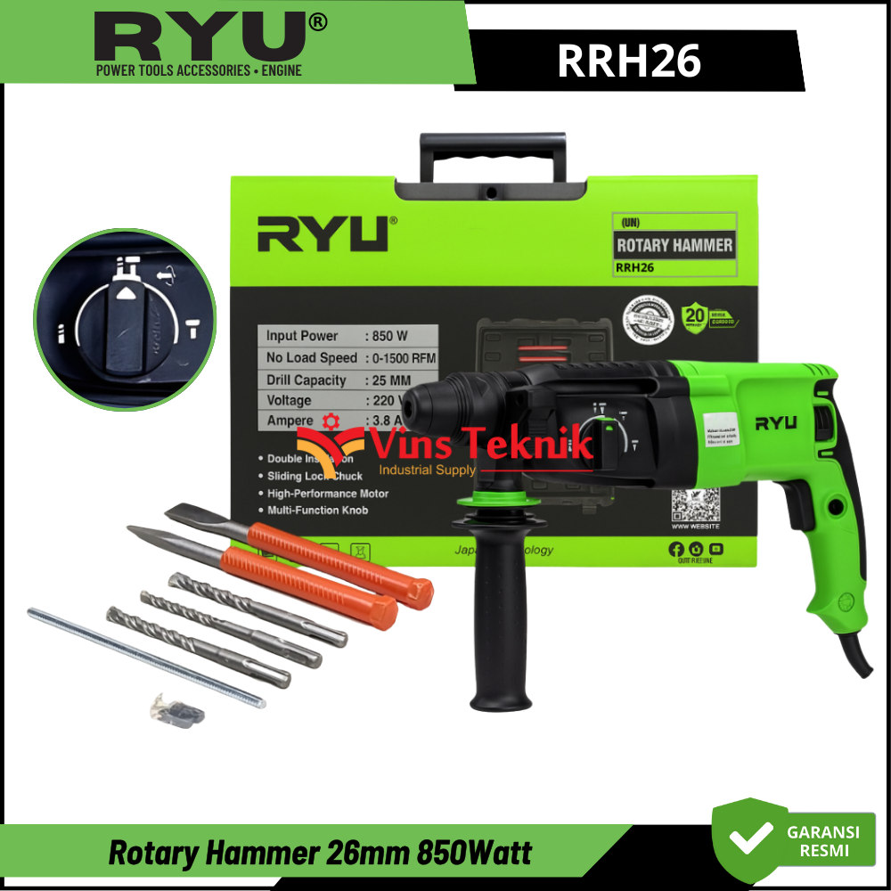 RYU RRH26 Mesin Bor Beton Rotary Hammer 26mm 850Watt